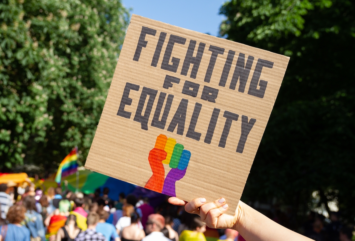 Hand,Holding,Placard,Sign,Fighting,For,Equality,With,Rainbow,Flag ...